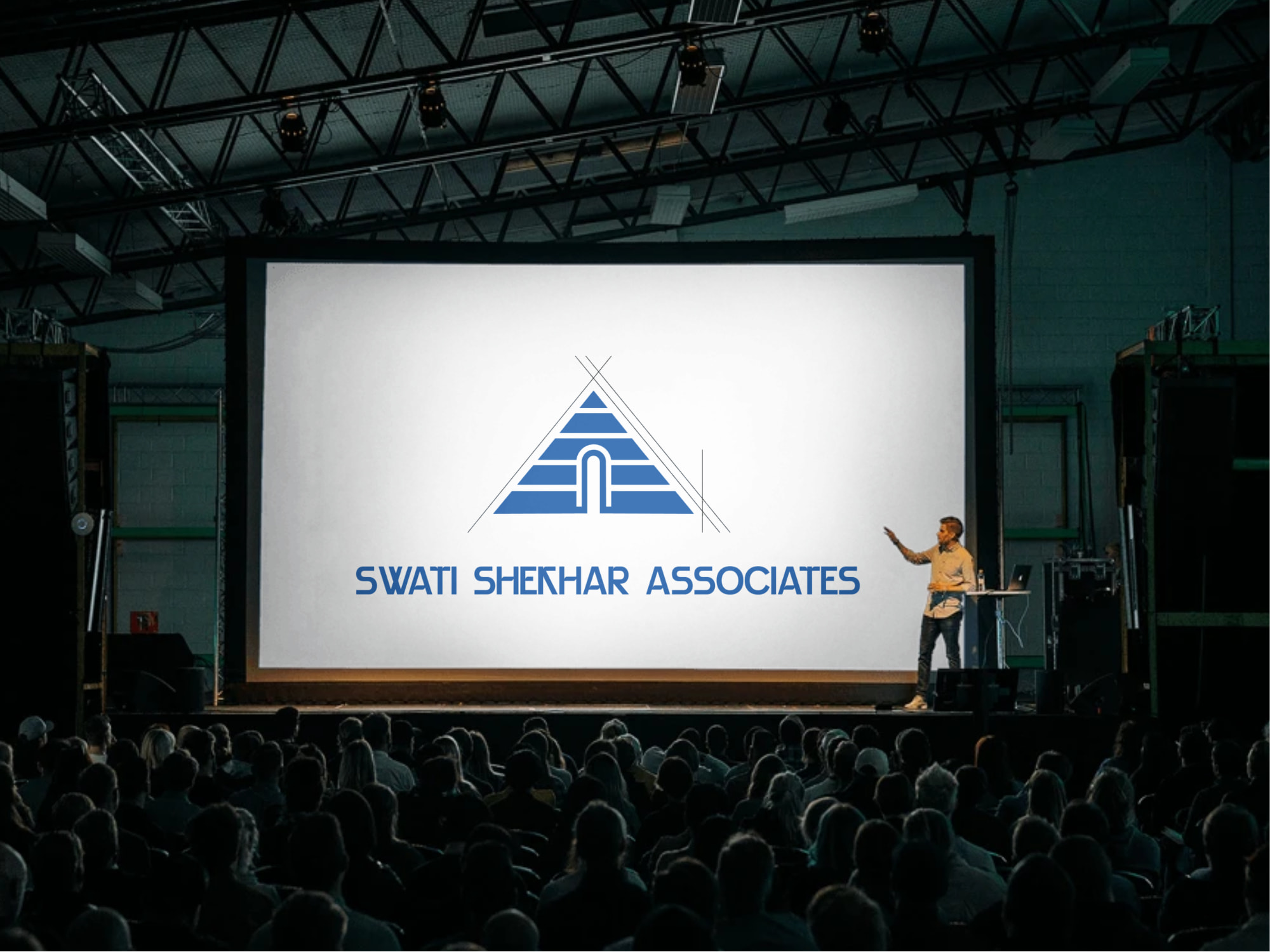 Indoor press conference large conference room large screen logo mockup ...