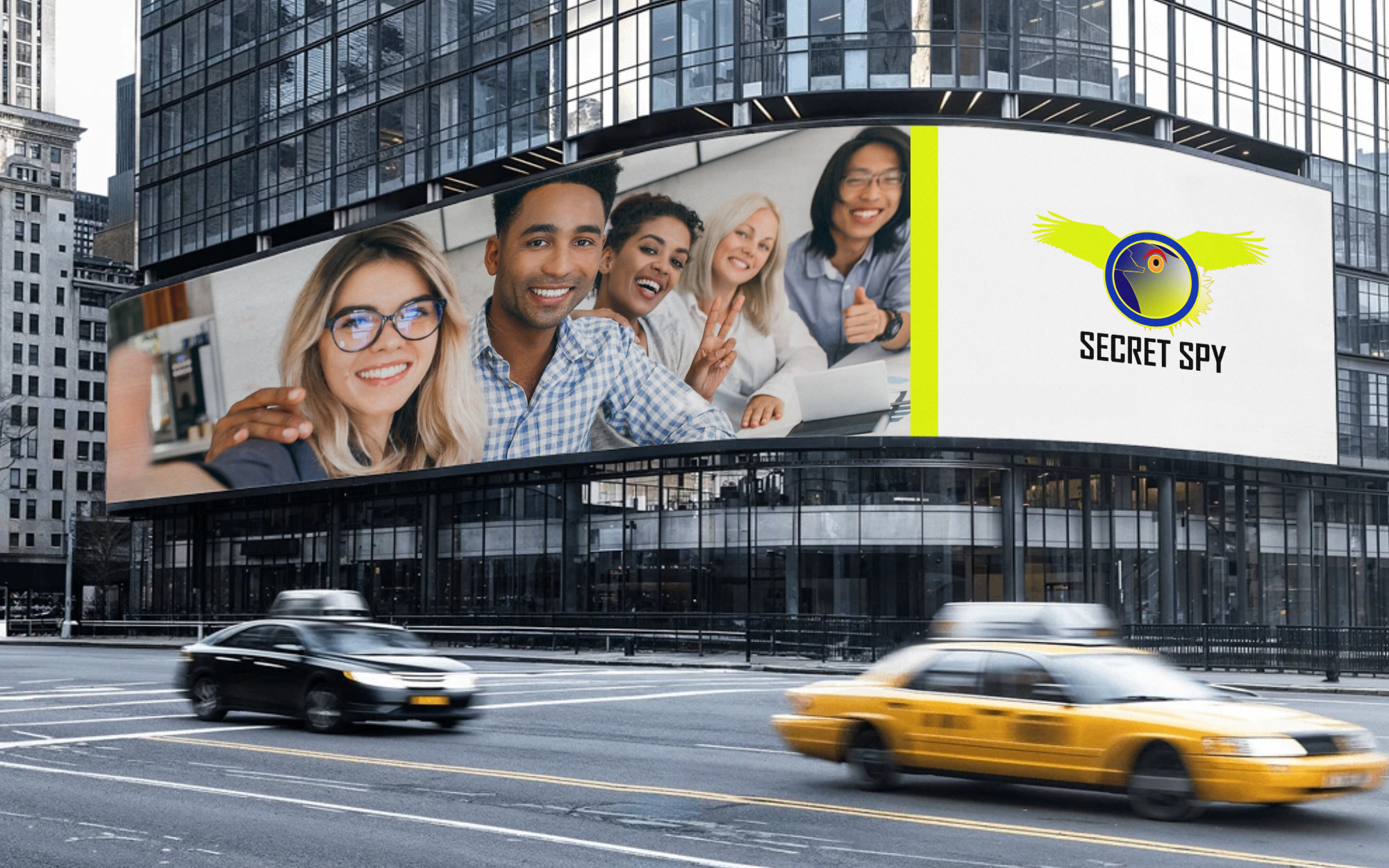 Curved banner billboard vi logo mockup rendering at city street corner ...