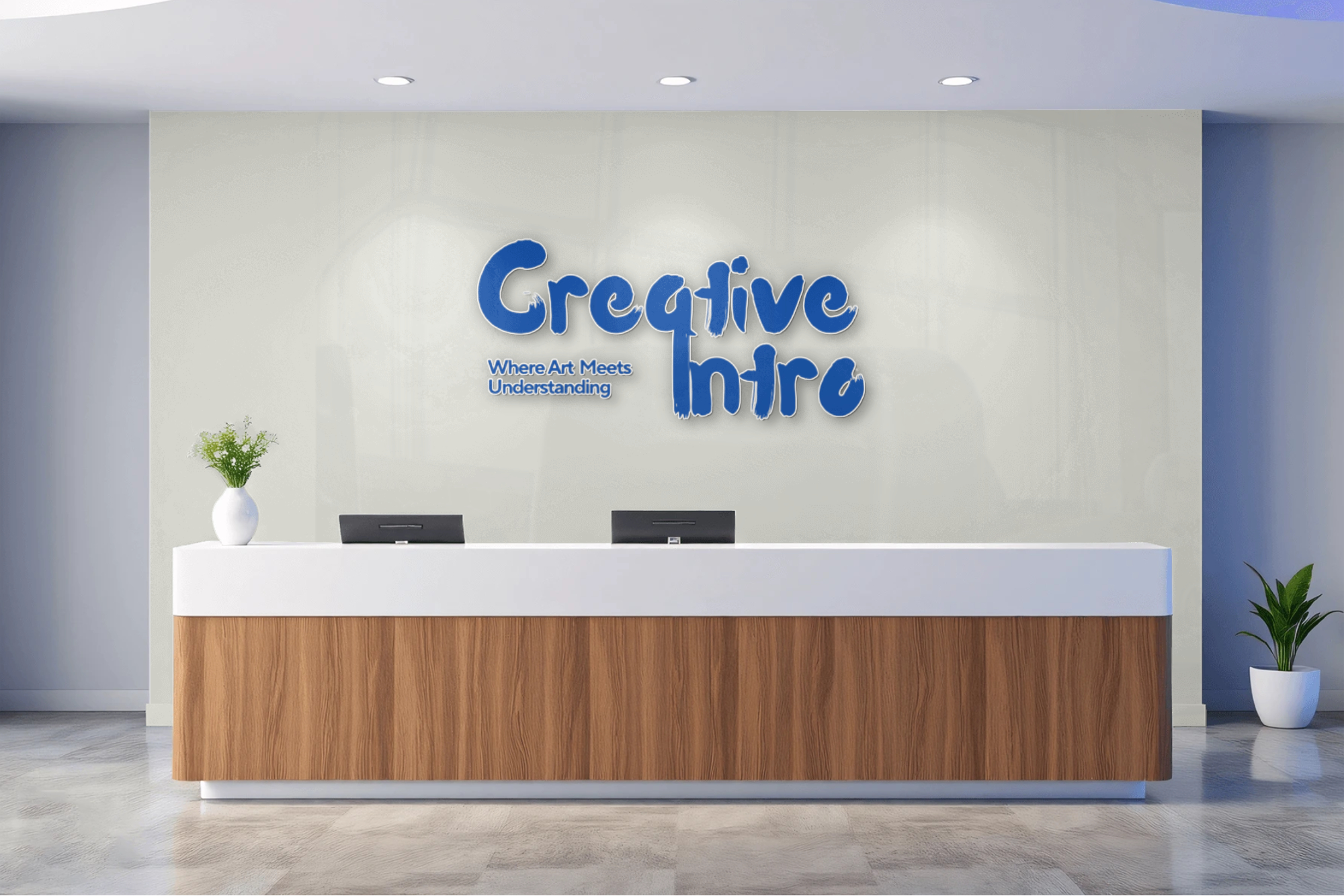 Company front desk wall 3D logo vi mockup renderings (1742670853 ...