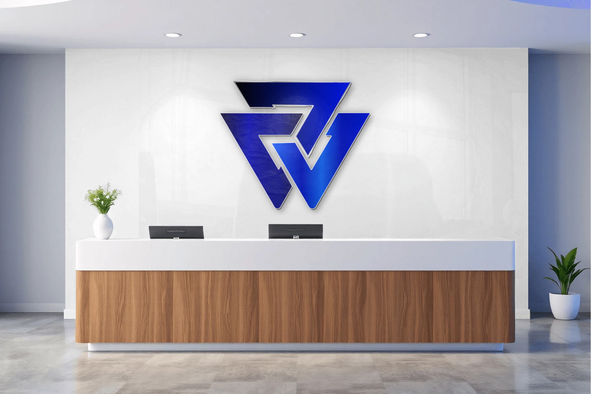Company front desk wall 3D logo vi mockup renderings (1753356171 ...