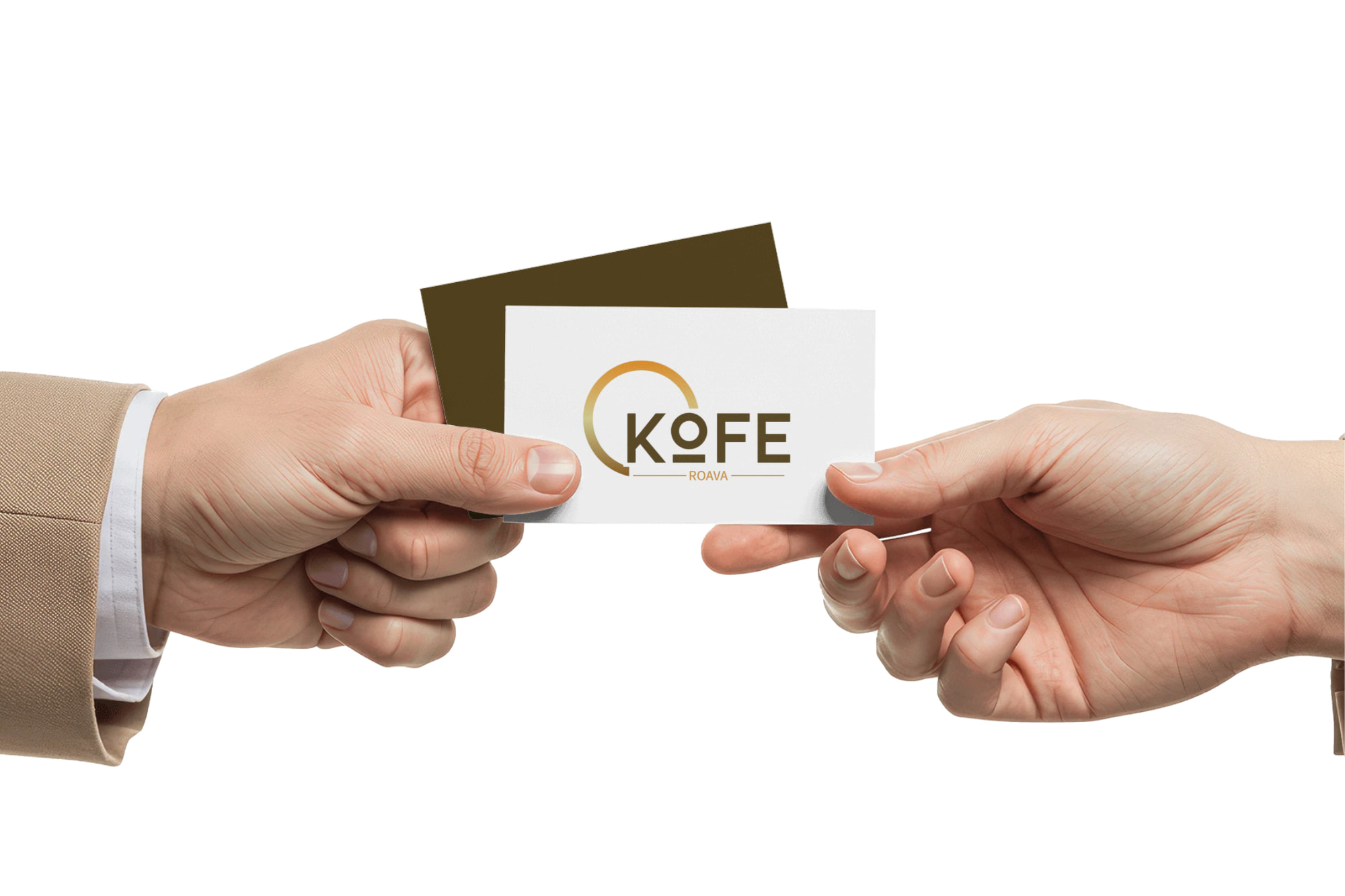 Exchanging business cards. Holding business cards. VI logo mockup ...