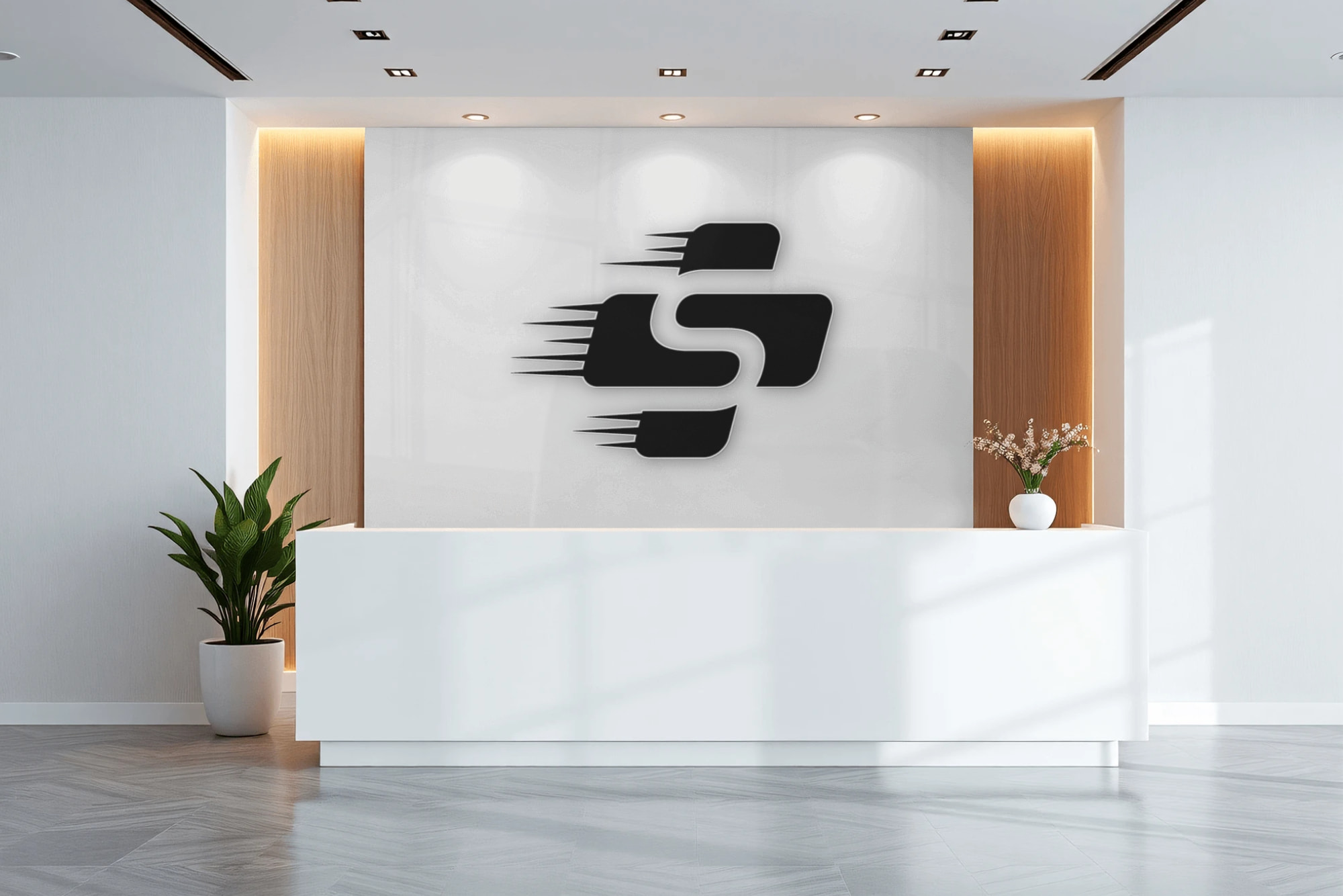 Company front desk wall 3D logo vi mockup renderings (1768634488 ...